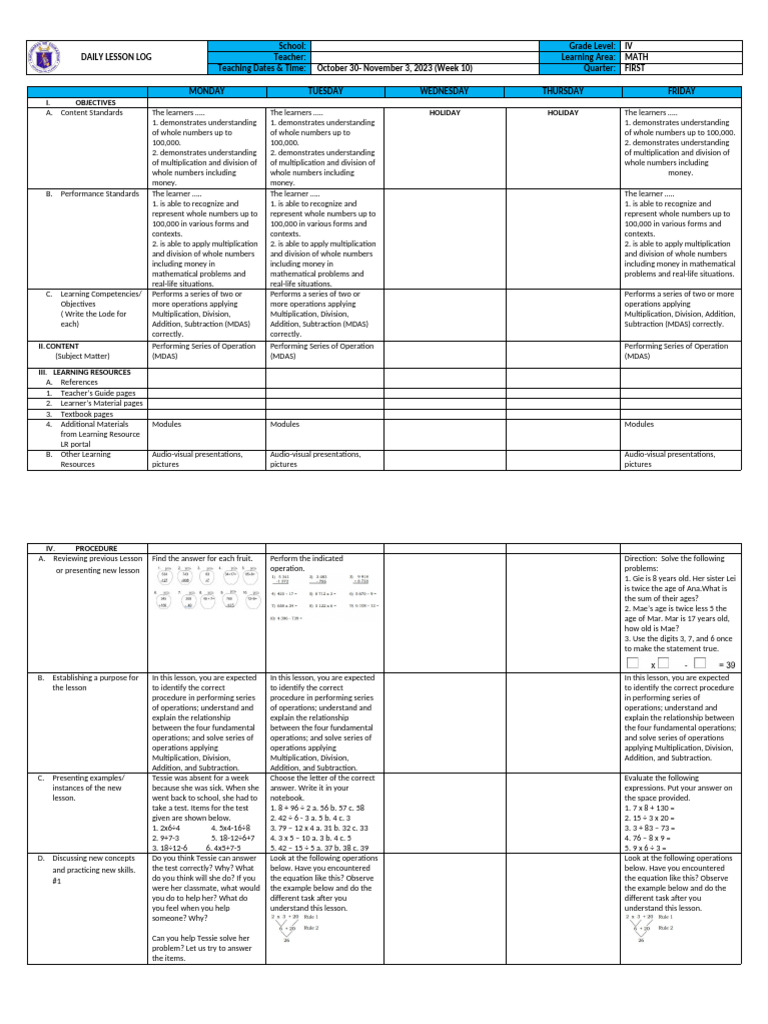 DLL - Math 4 - Q1 - W10 | PDF DLL - Math 4 - Q1 - W10 | PDF