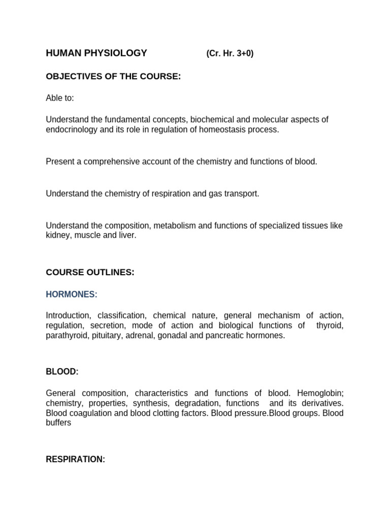 Human - Physiology Course Outlines | PDF