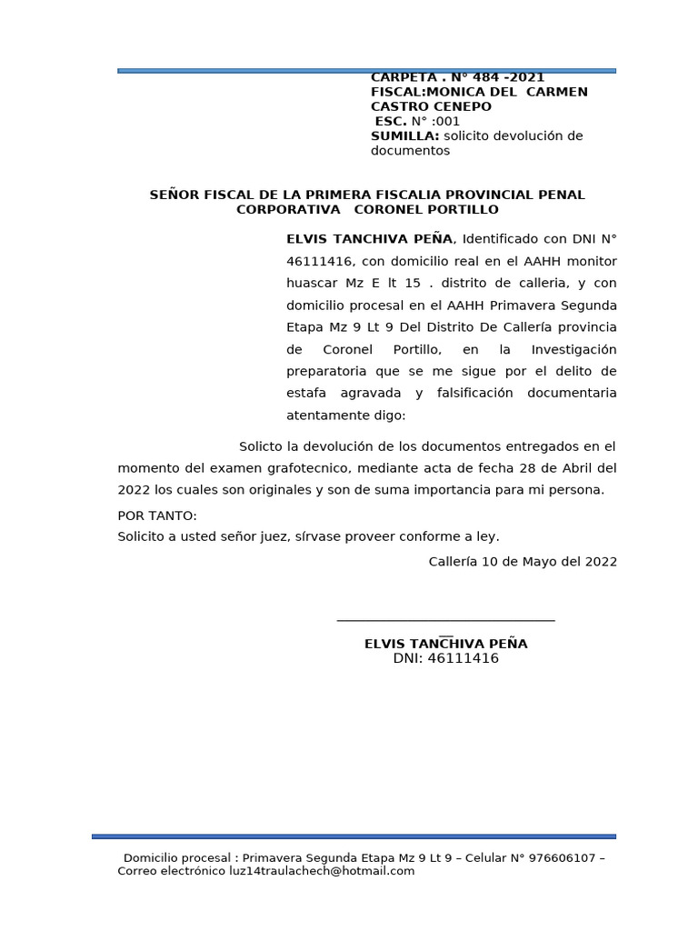 Solicito Devolucion de Documentos | PDF