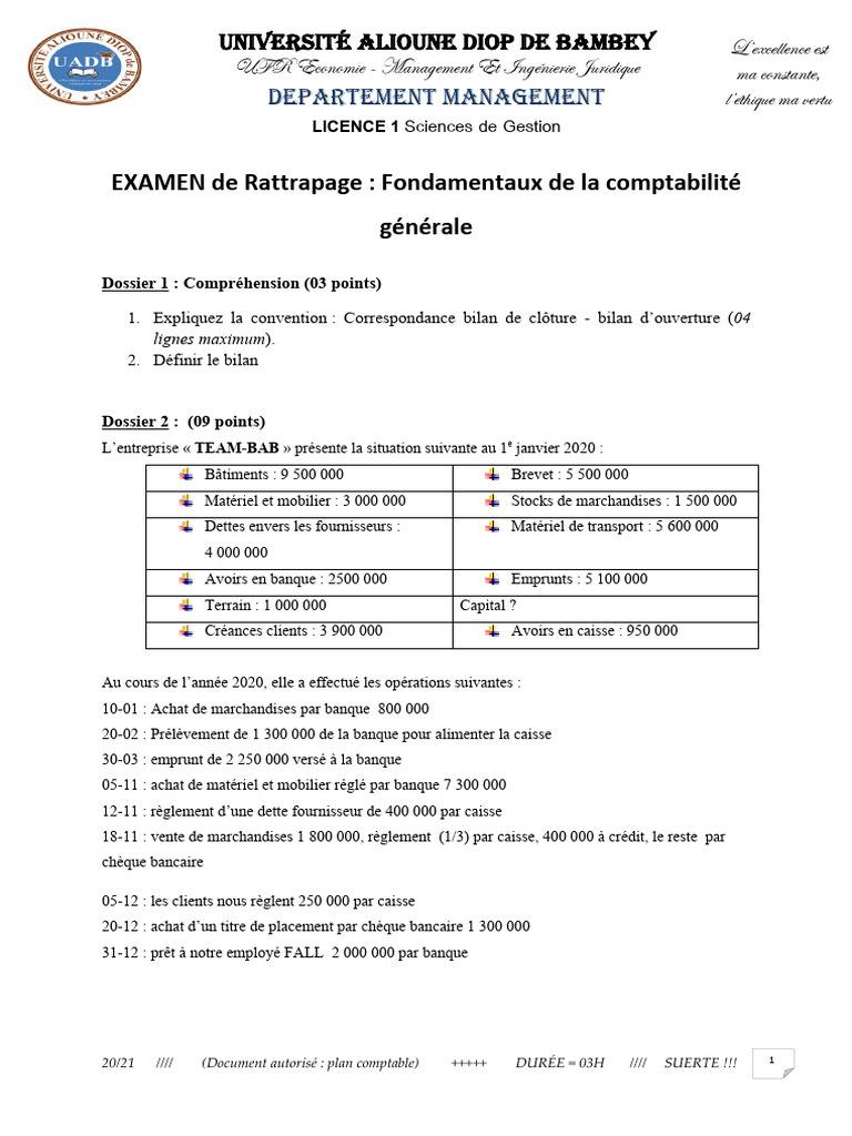 Examen Rattrapage Compta L1 - SG | PDF