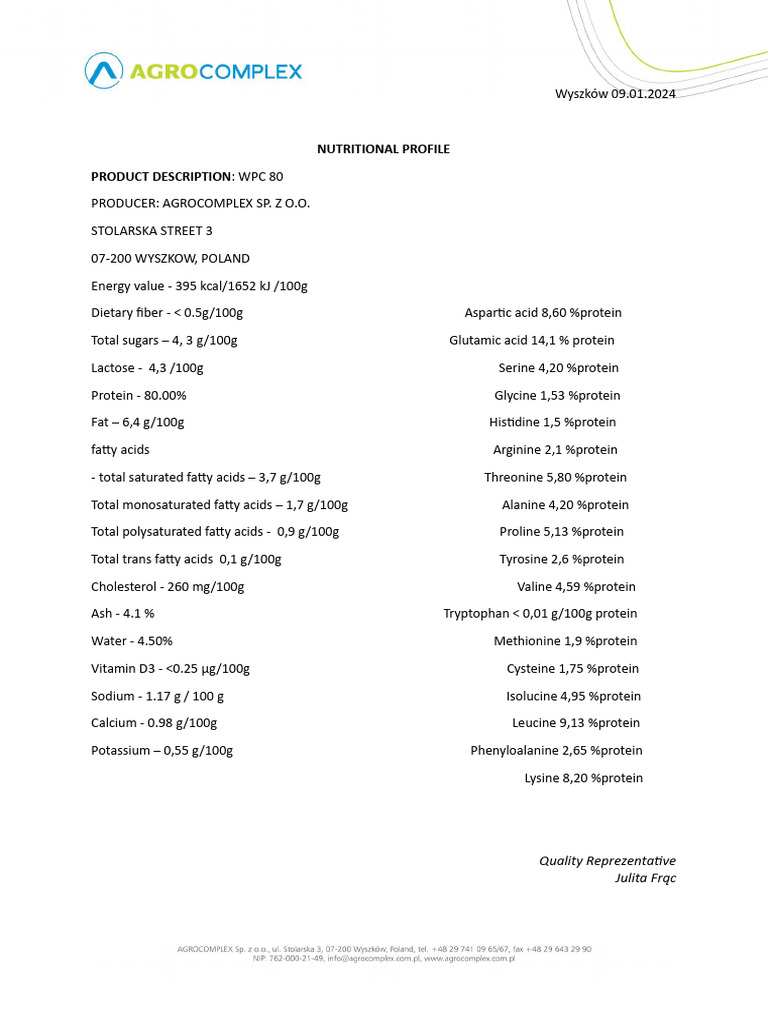 Nutritional Profile WPC 80 | PDF