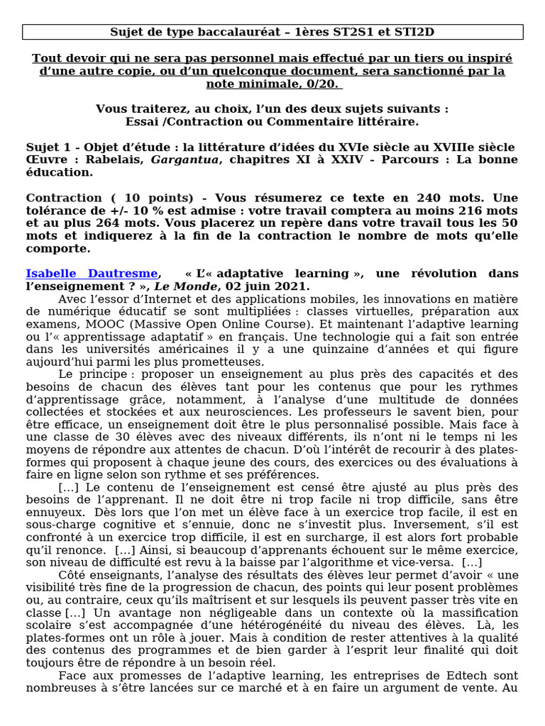 sujet de type bac contraction intelligence artificielle | PDF