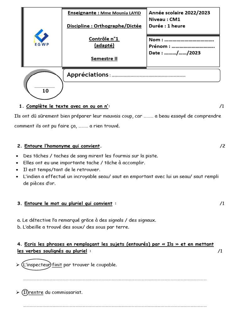 EVAL ADAPTEE 20222023 ORTHO-DICTEE CM1 I Sem 2 | PDF