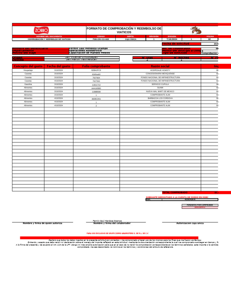 FORMATO DE COMPROBACIÓN Y REEMBOLSO DE VIATICOS (1) | PDF