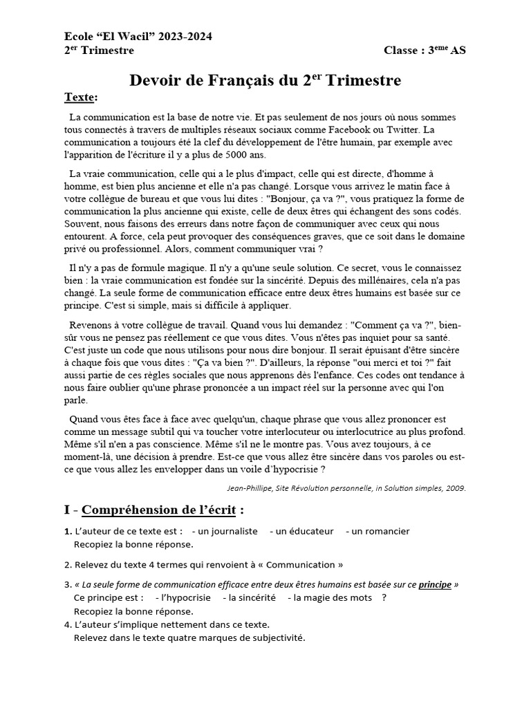 Devoir 3 AS - Trim 2 | PDF