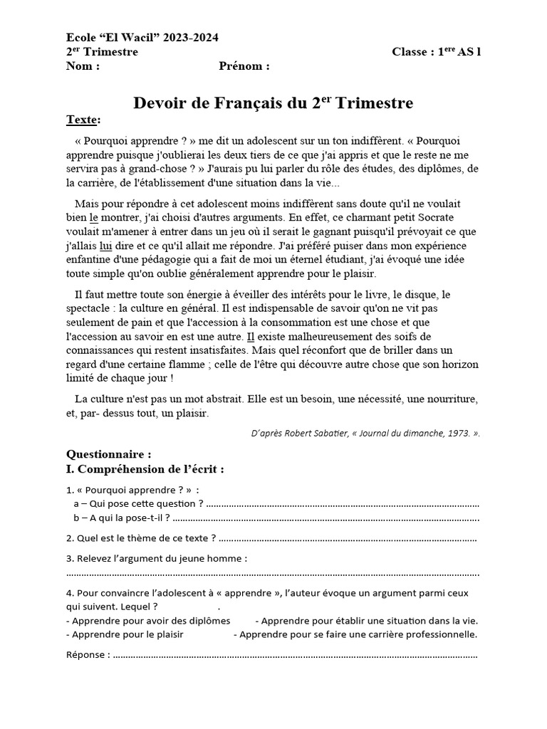 Devoir 1 AS - Trim 2 | PDF
