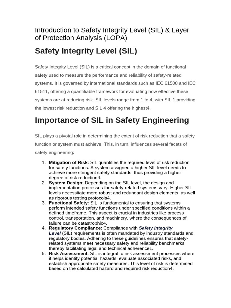 Safety Integrity Level (SIL) & Layer of Protection Analysis (LOPA) | PDF