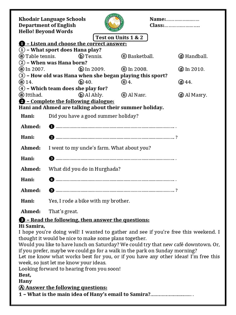 Hello! Beyond Words - Test On Units 1 & 2 | PDF