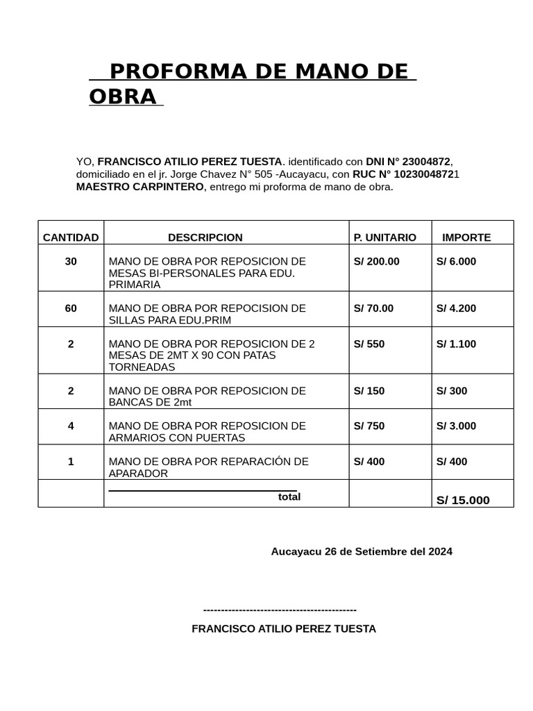 PROFORMA DE MANO DE OBRA | PDF