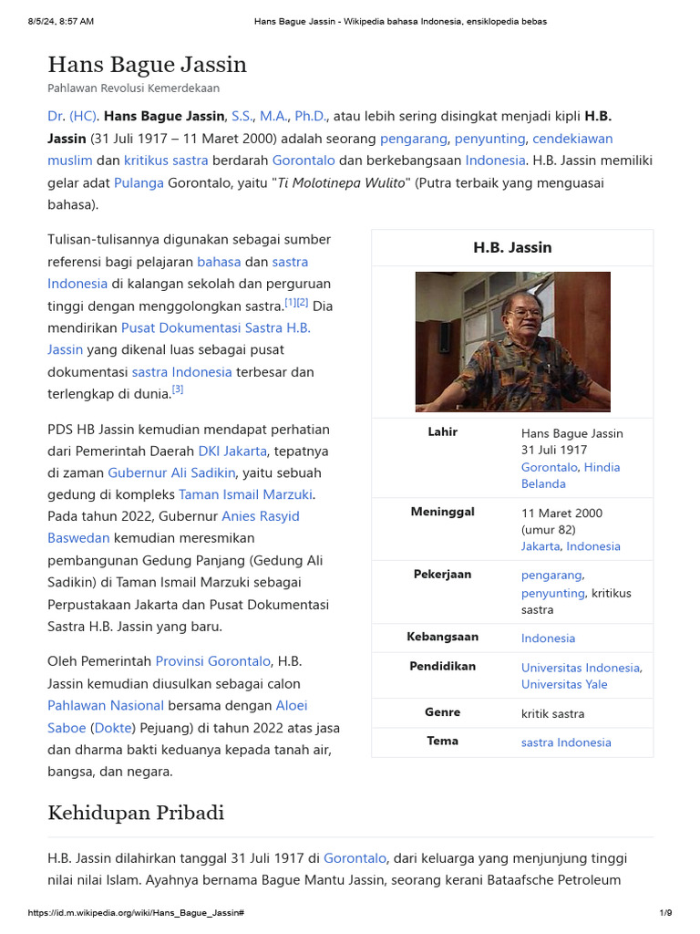Hans Bague Jassin - Wikipedia Bahasa Indonesia, Ensiklopedia Bebas | PDF
