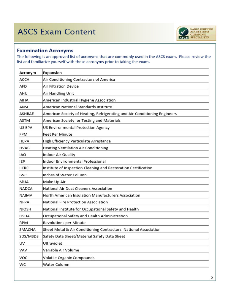 NADCA Exam Acronyms | PDF