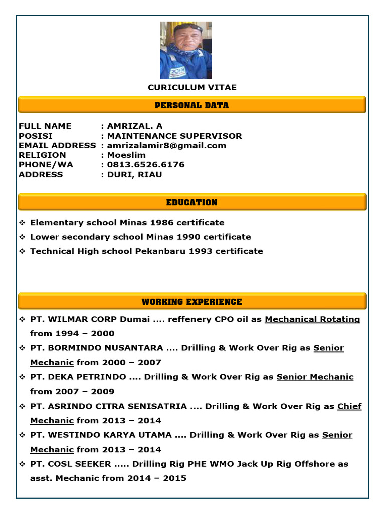 CURICULUM VITAE AMRIZAL-Maintenance Spv | PDF