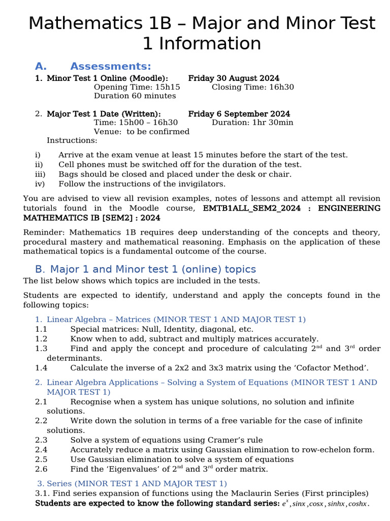 Major and Minor Test 01 Topic Summary - Sem 2 2024 | PDF
