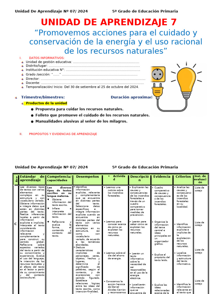 5° Grado Unidad de Aprendizaje 7 Octubre 2024 | PDF