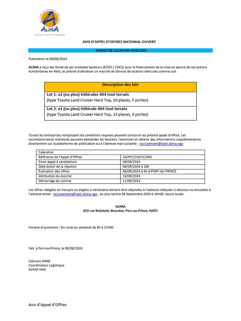 Appel Doffres National Service de Location de Vehicules - 24 Hti 220 CC 001 - Alima Haiti | PDF