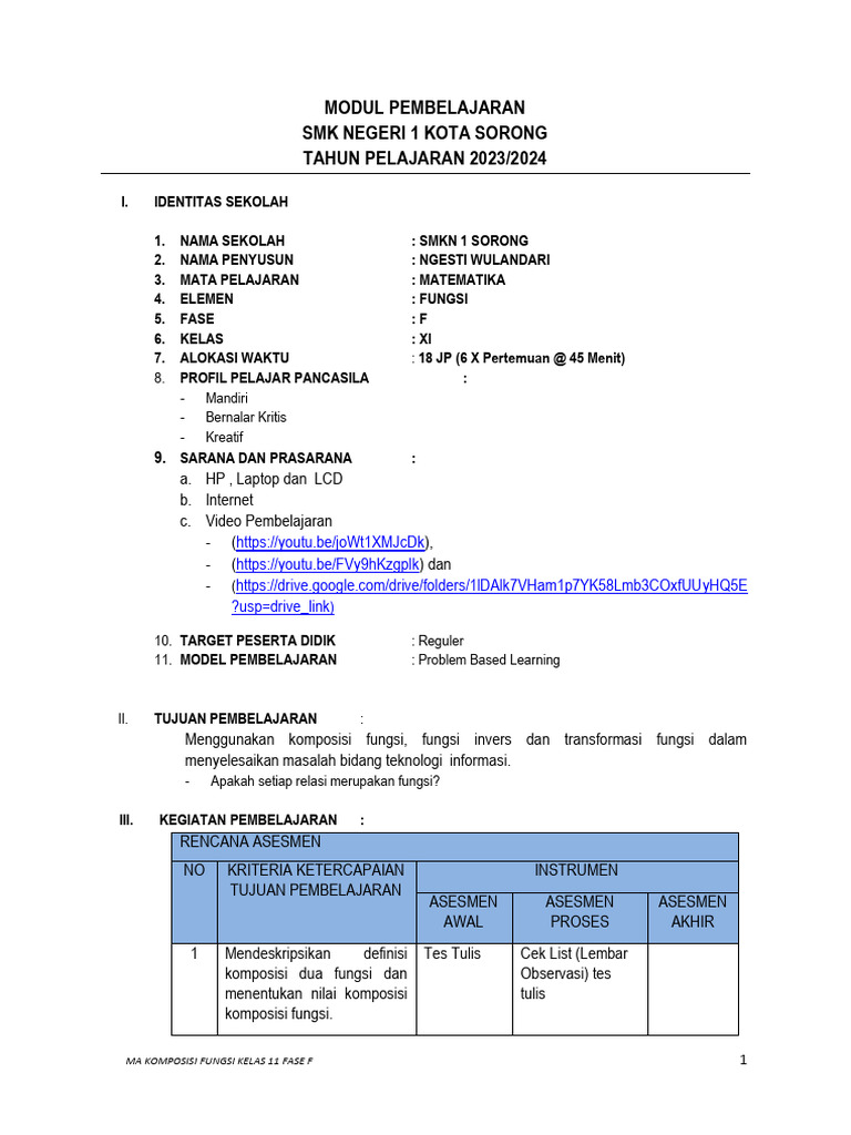 MODUL AJAR KOMPOSISI FUNGSI DAN FUNGSI INVERS FASE F KELAS XI | PDF MODUL AJAR KOMPOSISI FUNGSI DAN FUNGSI INVERS FASE F KELAS XI | PDF