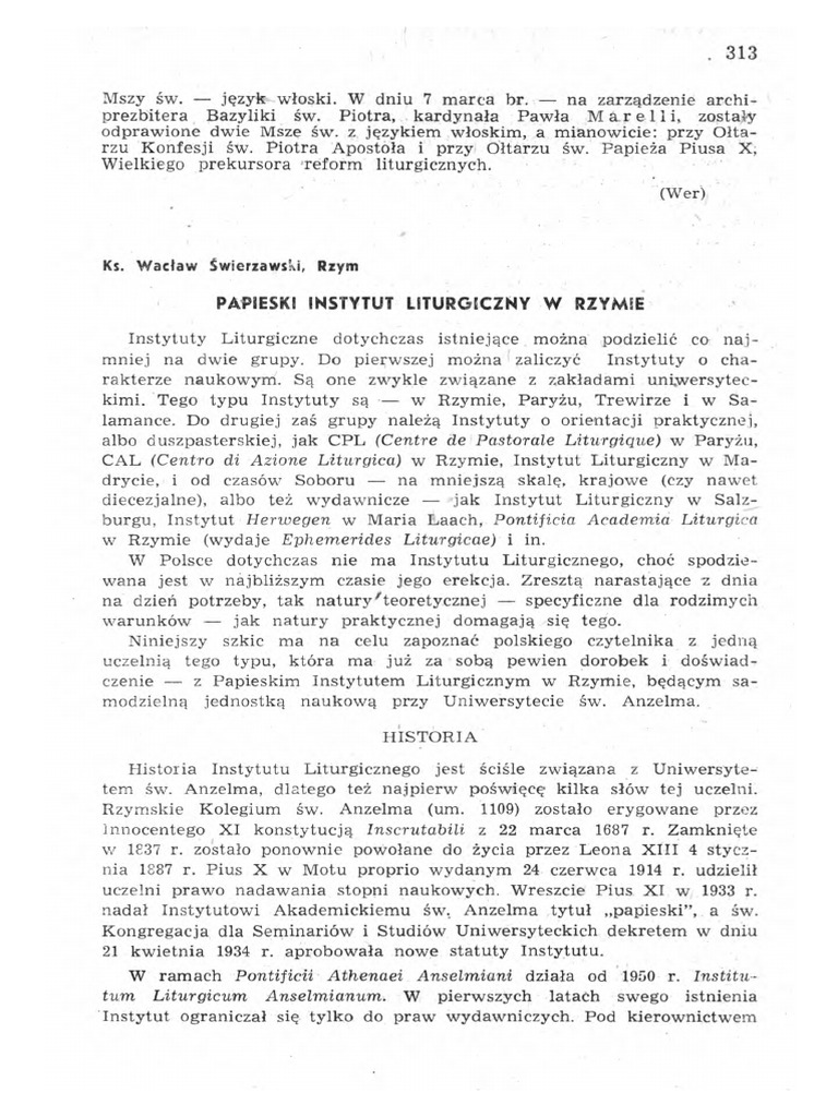 Papieski Instytut Liturgiczny W Rzy | PDF