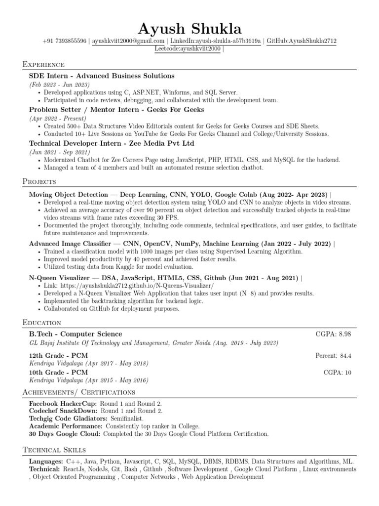 Ayush Shukla Resume | PDF