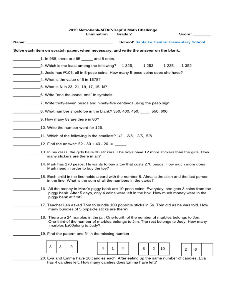 2019 Math Challenge Grade 2 | PDF