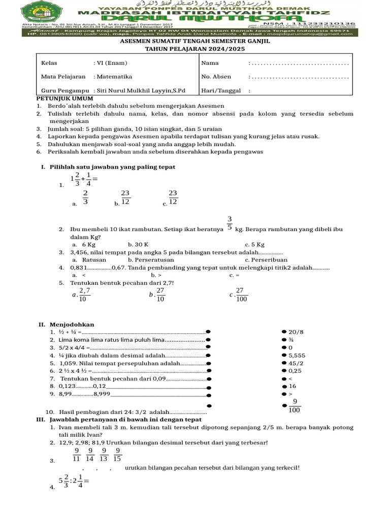 Matematika Kelas 6 - Asesmen Sumatif Tengah Semester Ganjil | PDF