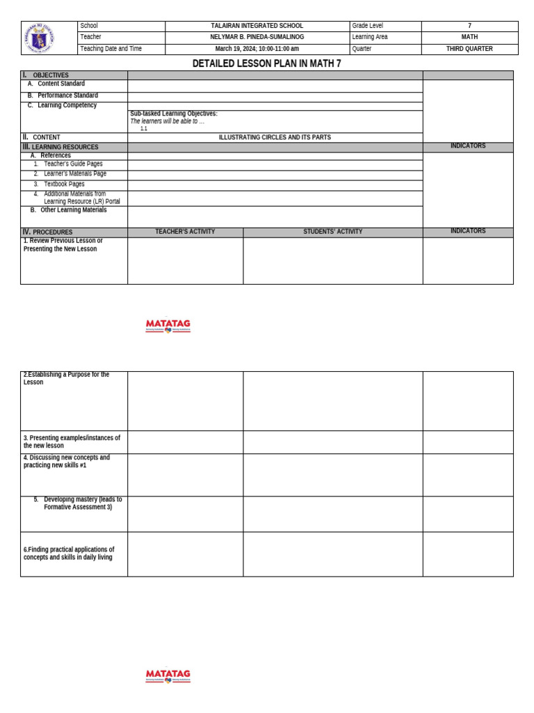 DLP Blank 1 | PDF | Teachers | Learning