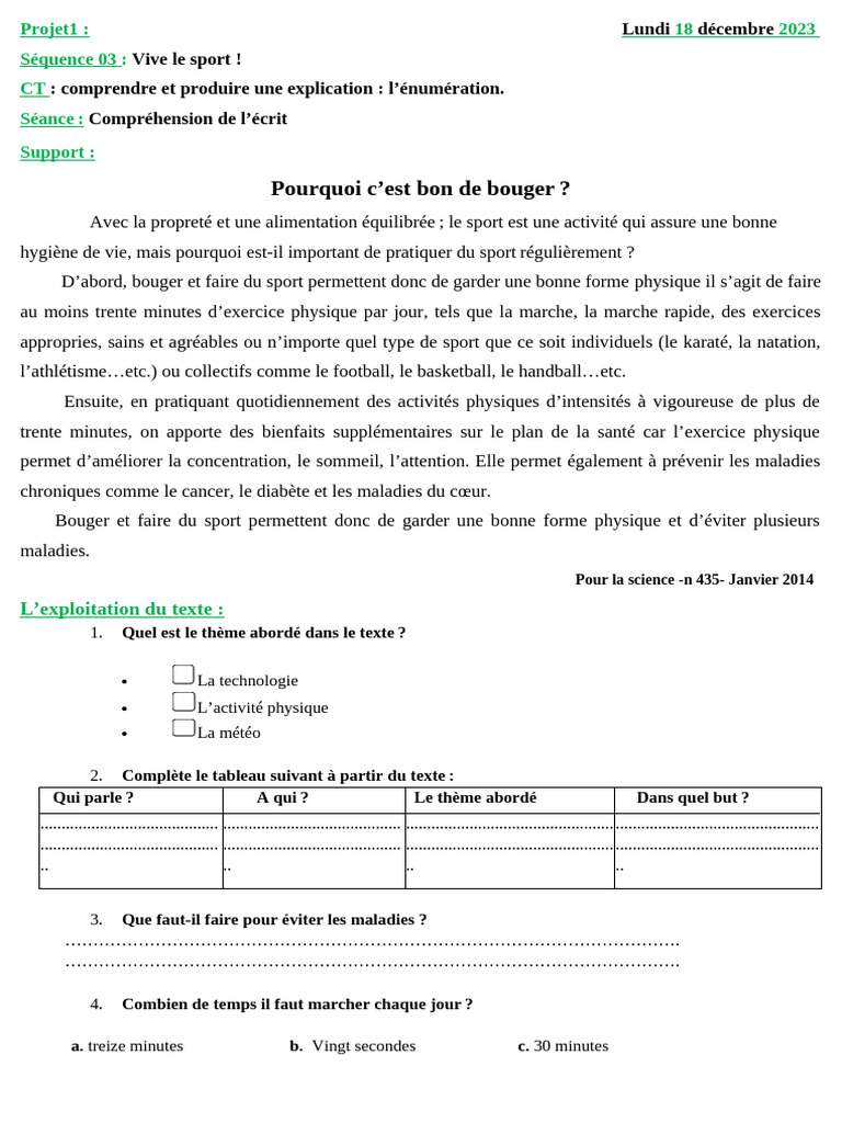 Feuille D'activité Comprehension de Lecrit 1am s3 Le Sport | PDF