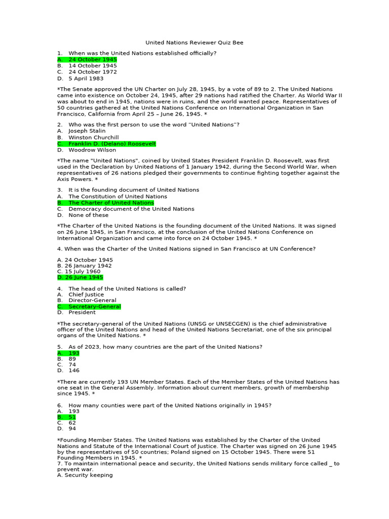 United Nations Reviewer Quiz Bee | PDF