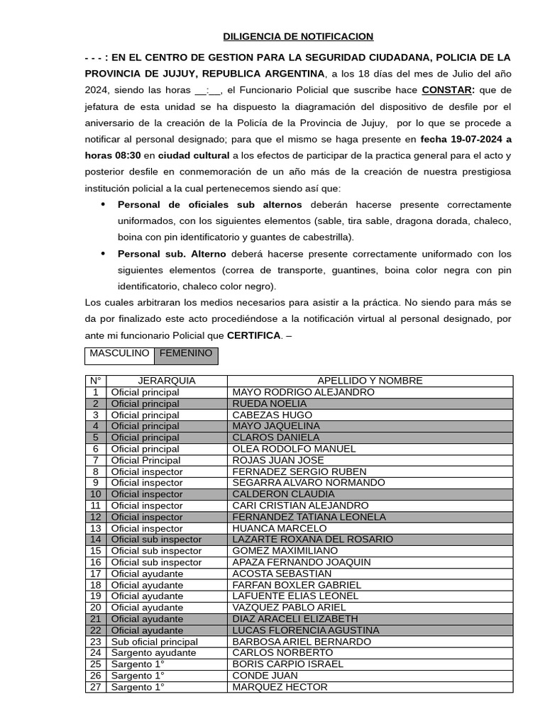 Diligencia de Notificacion Del Personal para El Desfile 19 | PDF