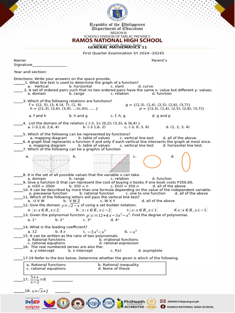 Q1 Exam GenMath-2024 | PDF | Function (Mathematics) | Polynomial