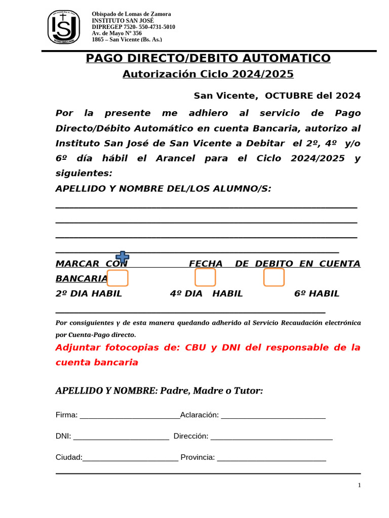 Formulario Adhesion Debito Automatico 2024 2025 | PDF | Tecnología bancaria | Pagos