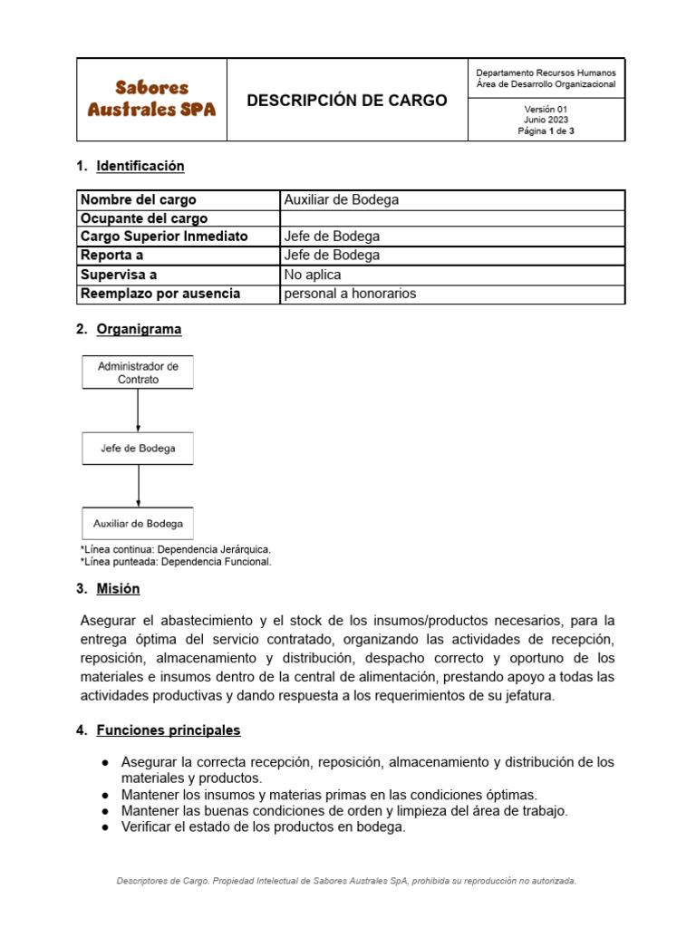 Descriptor de Cargo Auxiliar de Bodega - S.A | PDF