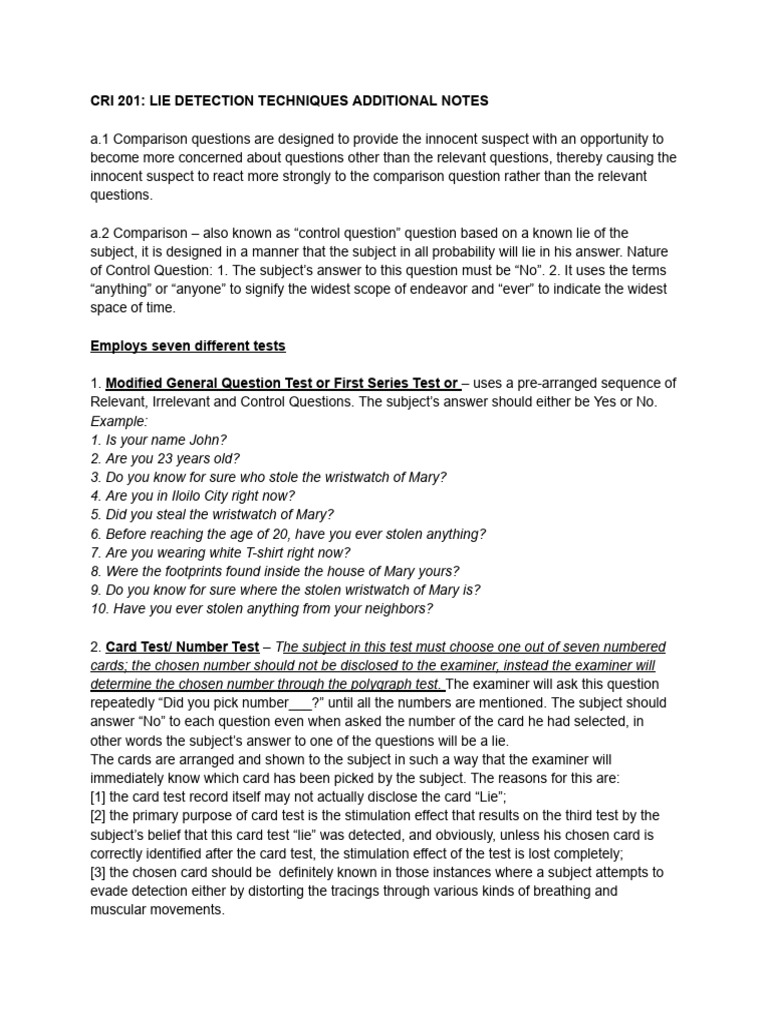 Cri 201 Lie Detection Techniques Additional Notes Pdf
