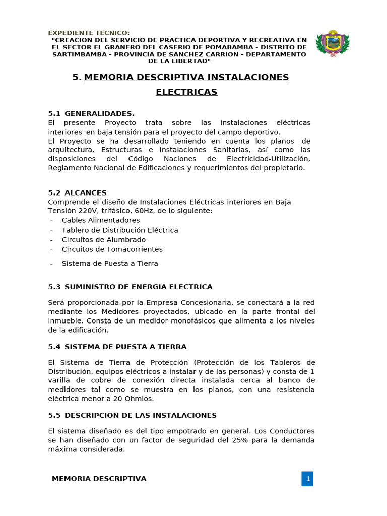 Memoria Descriptiva Instalaciones Electricas | PDF