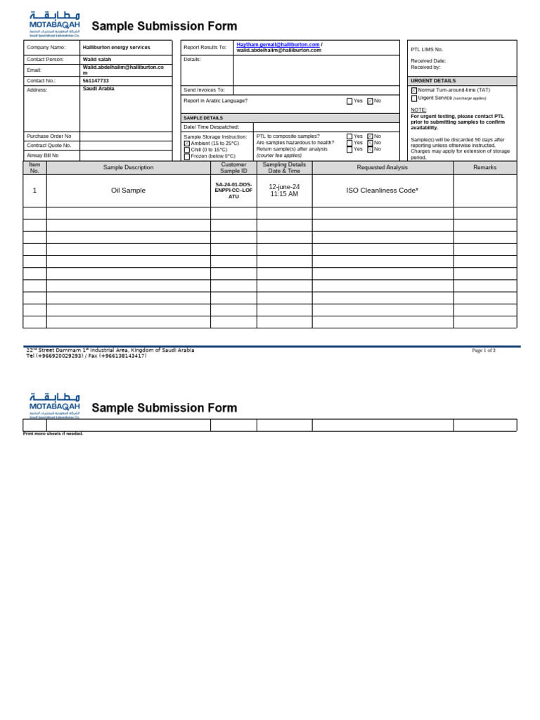 PTL Sample Submission Form | PDF