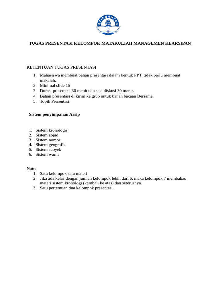 Tugas Presentasi Kelompok Matakuliah Managemen Kearsipan | PDF