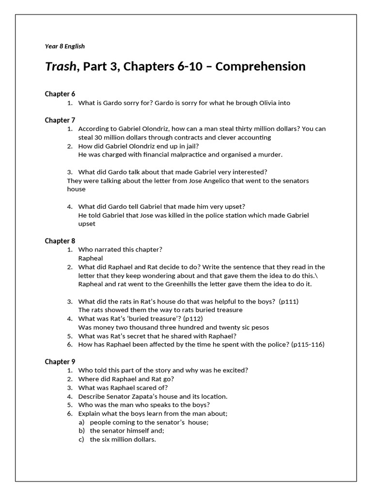 Trash Part 3, 6-10 Comprehension | PDF