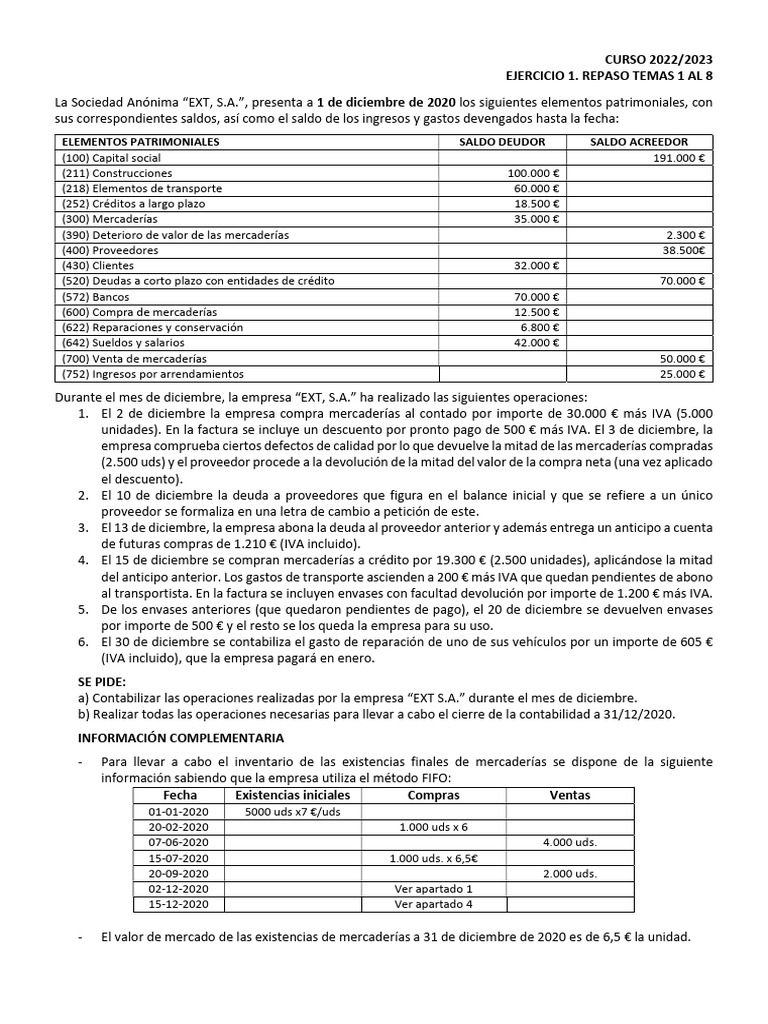 Ejercicio Complementario 1 - Repaso Temas 1 Al 8 | PDF
