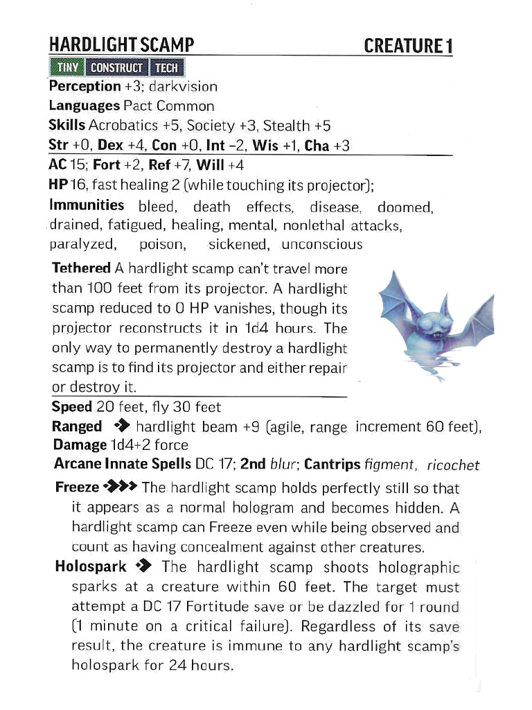 Starfinder 2E Stat Card Hard Light Scamp Creature 1 | PDF