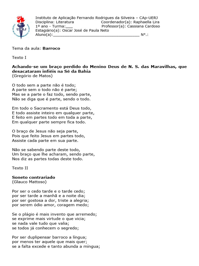 Atividade Barroco - Estágio V Oscar Neto | PDF