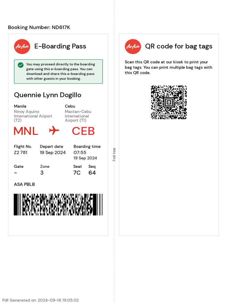 E-Boarding Pass QR Code For Bag Tags: Booking Number: ND617K | PDF