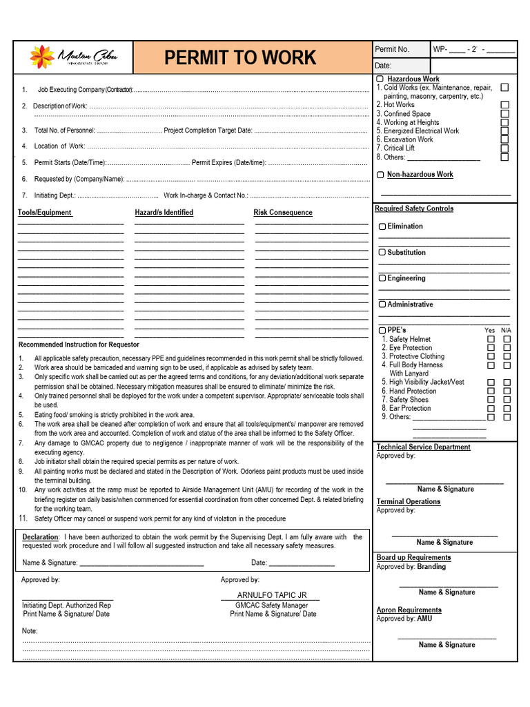 Permit To Work: Permit No. WP - 23 - Date | PDF