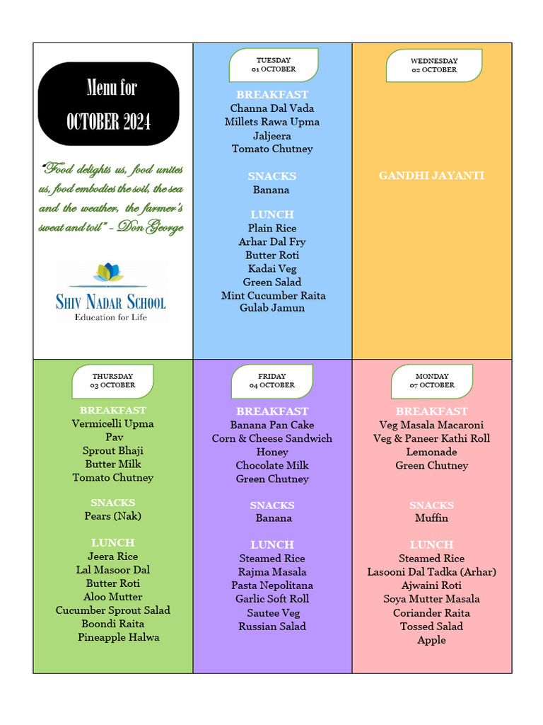 October 2024 Menu-1 | PDF | Lunch | Chutney