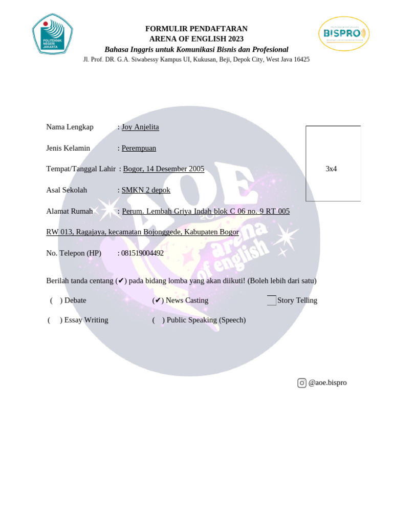 Joy Form Pendaftaran Aoe 2023 | PDF