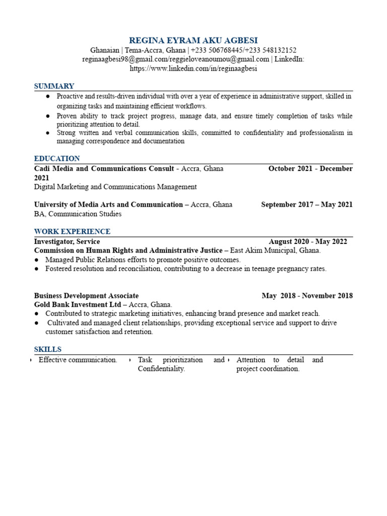 Resume VA Regina Agbesi | PDF | Business