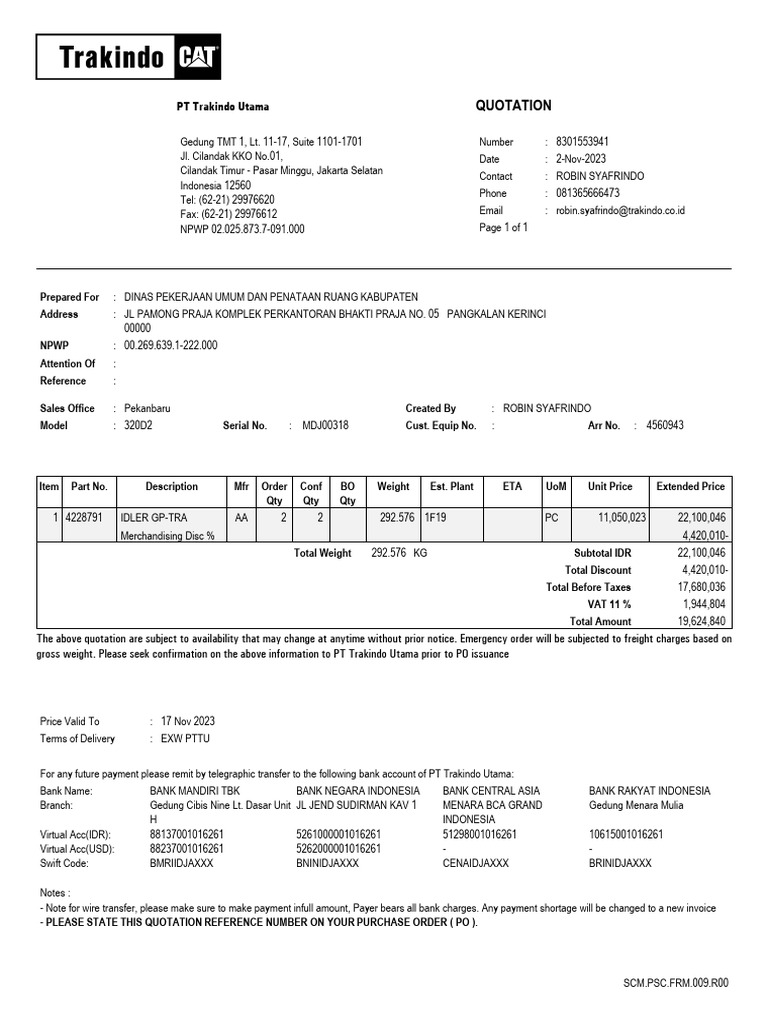 8301553941, Penawaran Idler 320D MDJ | PDF