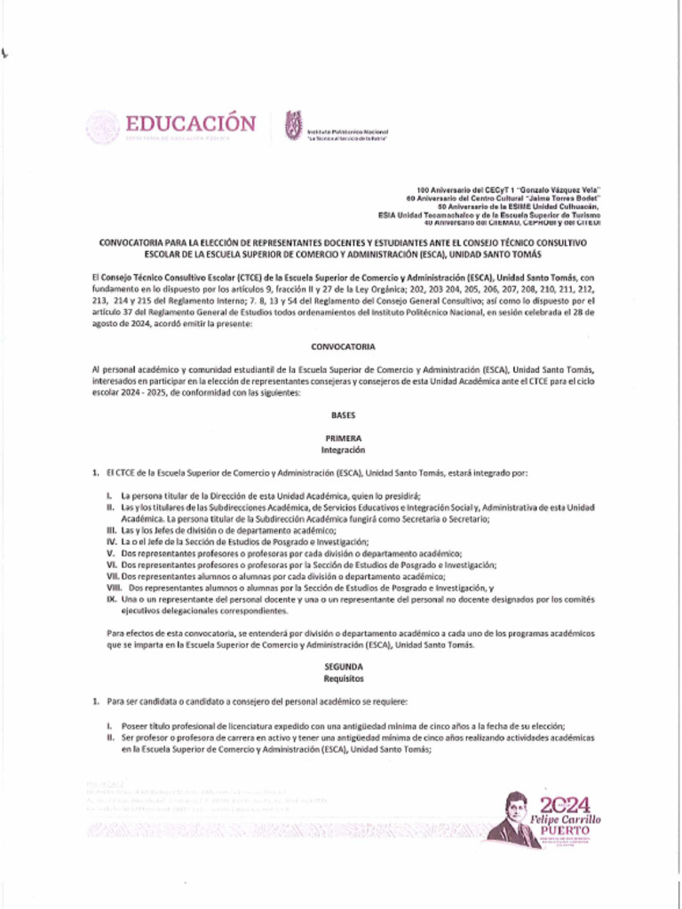 CONVOCATORIA CTCE ESCA UST 2024-2025 | PDF