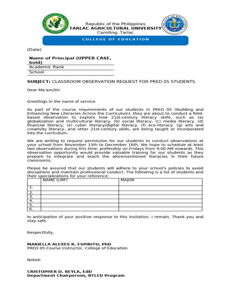 Template Letter For Filed Based Observation - 1st Sem 2024 2025 ...