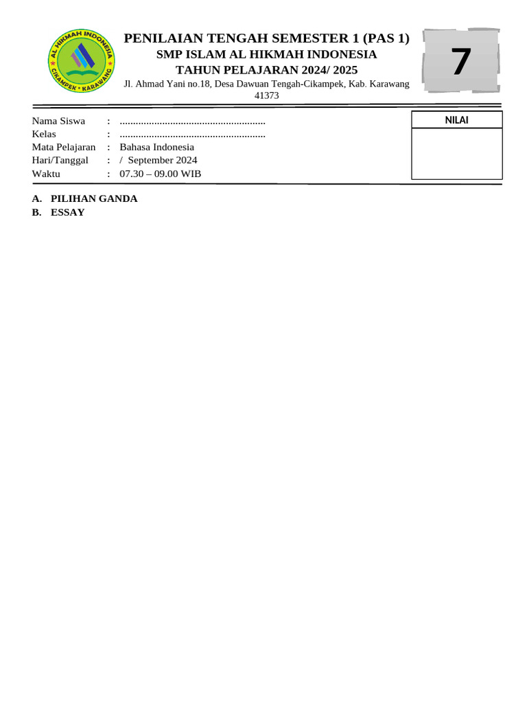 Kop Soal PTS 1 | PDF