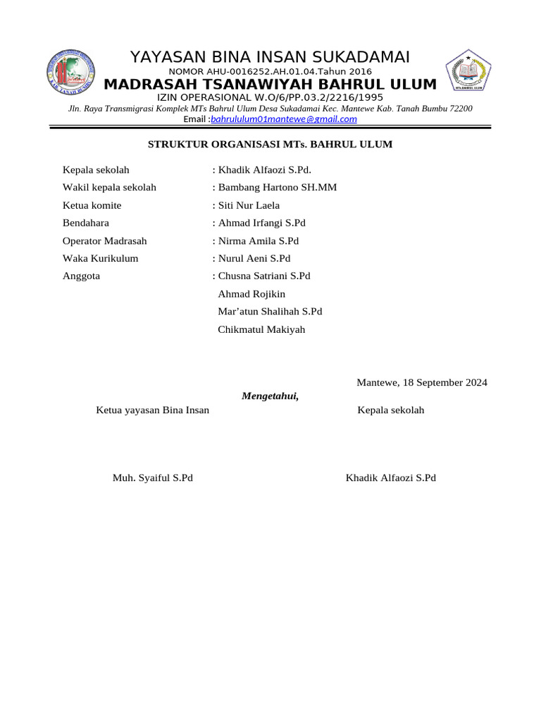 STRUKTUR ORGANISASI MTs | PDF
