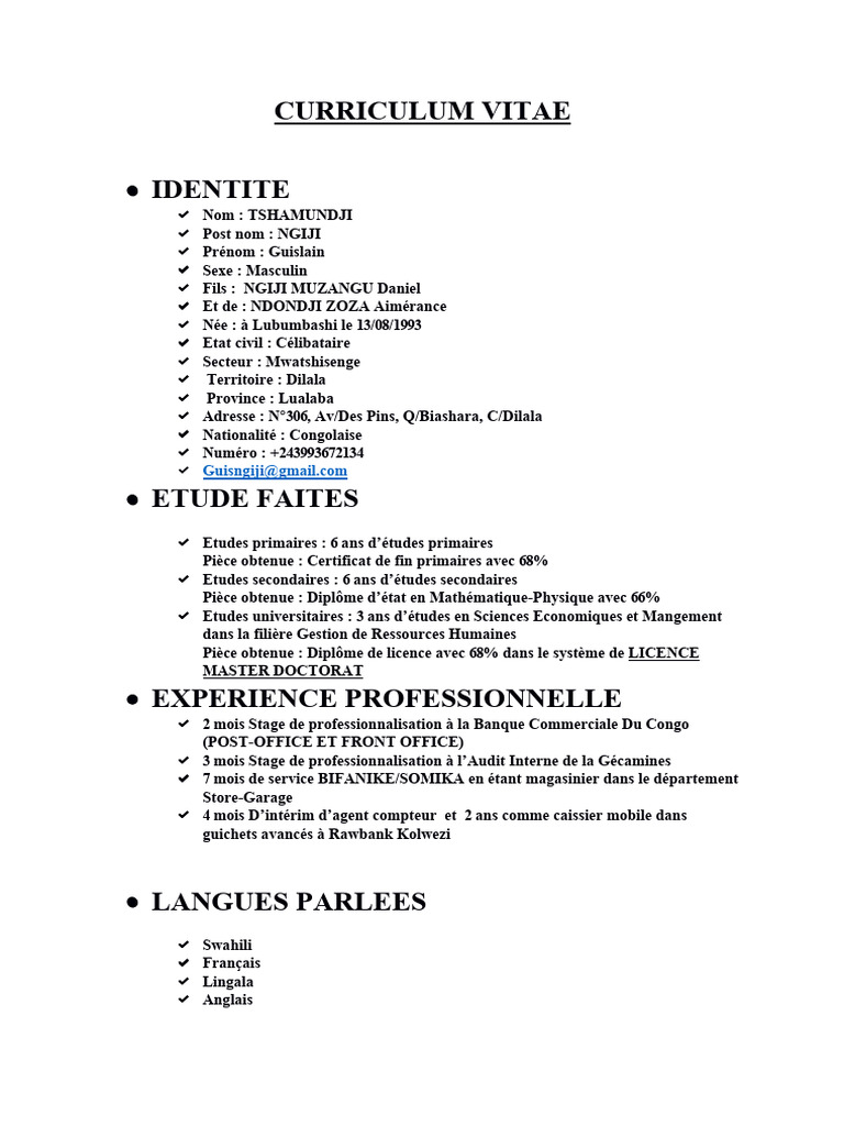 Copy-Cv Tshamundji Ngiji Guislain | PDF